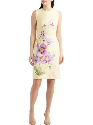 Anne Klein Floral Print Sleeveless Scuba Sheath Dress - Daffodil Multi
