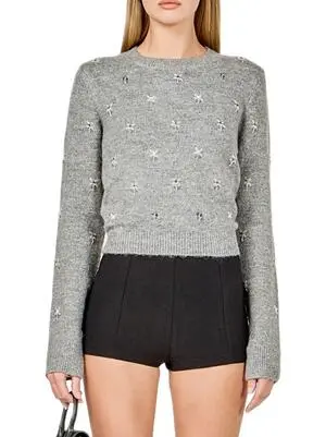 Endless Rose Bead Embellished Crewneck Sweater - Heather Grey