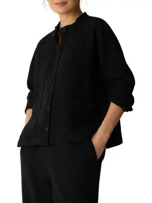 Eileen Fisher Mandarin Textured Organic Cotton Shirt Jacket Black
