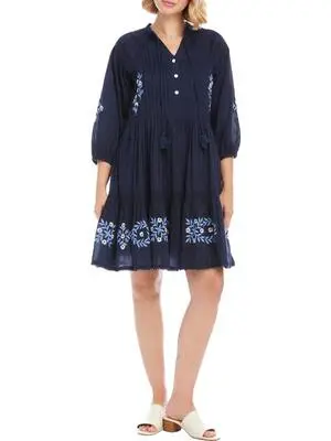 Karen Kane Floral Embroidered Cotton Tassel Dress - Navy