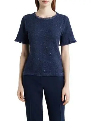 Kobi Halperin Fringe Trimmed Short Sleeve Sweater - Navy