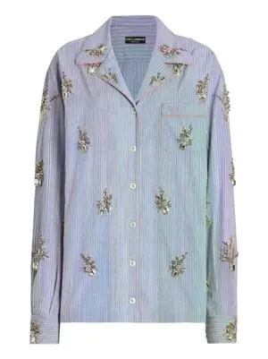 Dolce & Gabbana Cotton Shirt With Crystal Flower Embroidery - Blue