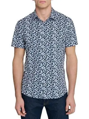 W.R.K Leaf Print Short Sleeve Performance Button-up Shirt - Navy