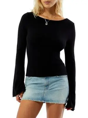 PACSUN Wide Neck Bell Sleeve Knit Top - Black