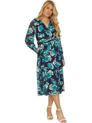 YUMI Floral V-neck Long Sleeve Wrap Midi Dress - Blue