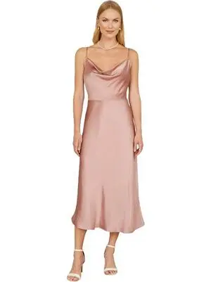 YUMI Satin Cowl Neck Midi Dress - Rose Pink