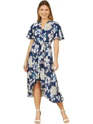 YUMI Floral Midi Wrap Dress Navy