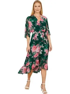 YUMI Wrap Midi Dress With Dip Hem