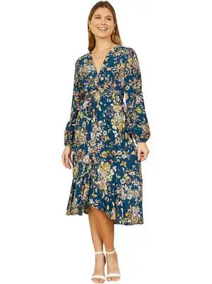 YUMI Tie Knot Front Floral Midi Dress - Navy