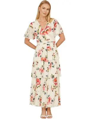 YUMI Mesh V-neck Tiered Maxi Dress With Ruffled Skirt - Ivory