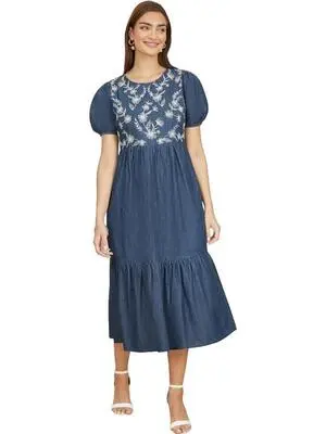 YUMI Floral Embroidered Puff Sleeve Denim Dress - Blue