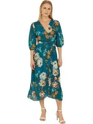 YUMI Watercolour Dip Hem Midi Wrap Dress - Teal