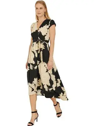YUMI Blossom Print Dipped Hem Wrap Midi Dress - Black