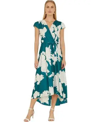 YUMI Blossom Print Dipped Hem Wrap Midi Dress - Green