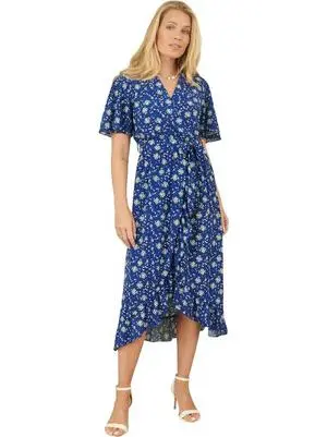 YUMI Frilled-Hem Wrap Midi Dress Blue