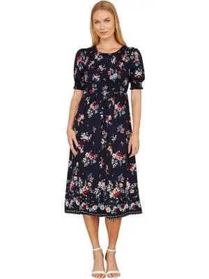 YUMI Smocked Bodice Floral Midi Dress - Navy