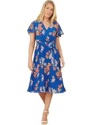 YUMI Pleated Floral Tie-waist Wrap Midi Dress - Blue
