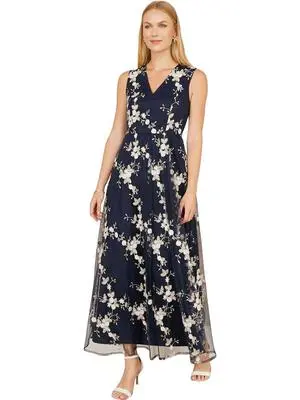 YUMI Mesh Embroidered Maxi Dress - Navy