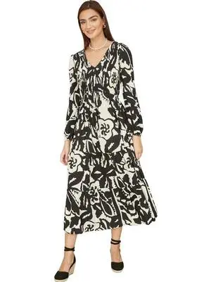 YUMI Abstract Print Ruched V-neck Midi Dress - Black