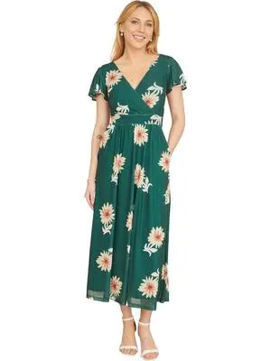YUMI Mesh Flower Midi Dress With Pockets - Green