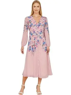 YUMI Belted Floral Print Midi Dress - Pink
