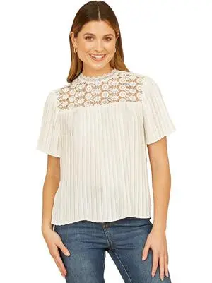 YUMI Lace Panel Pleated Top - White