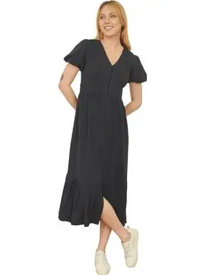 YUMI Viscose Button-through Midi Dress - Navy