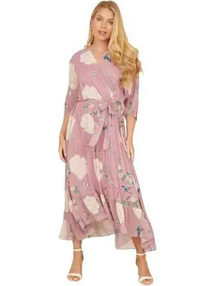 YUMI Bird And Floral Print Midi Wrap Dress - Pink