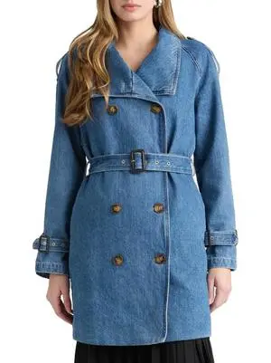 NVLT Belted Double Breasted Denim Trench Coat - Medium Blue