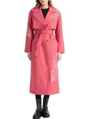 NVLT Embroidered Belted Trench Coat - Pitaya Red