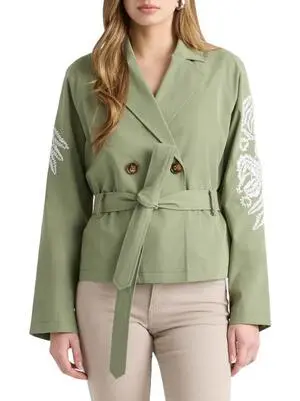 NVLT Embroidered Belted Crop Trench Coat - Khaki Green
