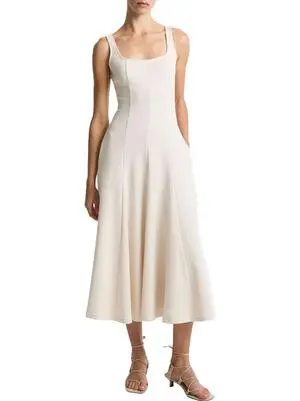 Vince Square Neck Fit-and-Flare Midi Dress Flax