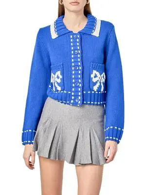 English Factory Bow Cardigan - Blue/white