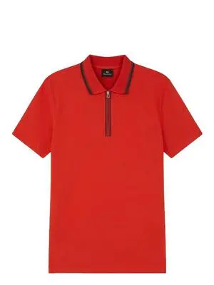 Paul Smith Regular Fit Tipped Cotton Piqué Quarter Zip Polo - Coral Red