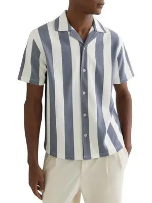 REISS Dexter Stripe Camp Shirt - Airforce Blue/o