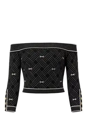 Elisabetta Franchi Off-the-shoulder Knit Top With Golden Logo Buttons - Black