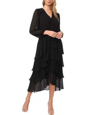 Vince Camuto V Neck Long Sleeve Smocked Waist Dress - Rich Black