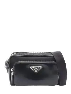Prada 2010s Re-nylon And Brushed Leather Shoulder Bag - Black