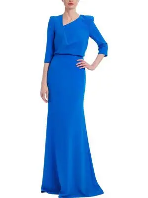 Badgley Mischka Draped Elbow-sleeve Gown - Blue