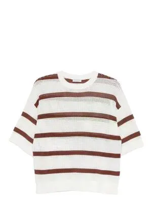 Brunello Cucinelli Striped Perforated Sweater - White