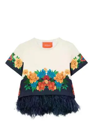 La DoubleJ Floral Feather-trimmed T-shirt - Neutrals