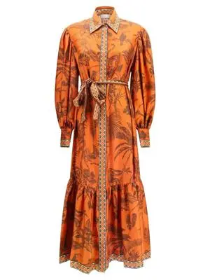 ALEMAIS Belted Floral-print Midi Dress - Orange