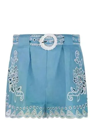 Farm Rio Floral Embroidered Belted Shorts - Blue