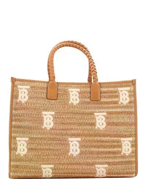 Burberry Freya Embroidered Raffia Medium Tote Bag - Brown