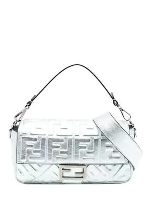 Fendi Medium Metallic Leather Embossed Ff Baguette Satchel - Silver