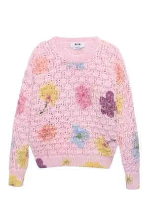MSGM Floral-embellished Knit Sweater - Pink
