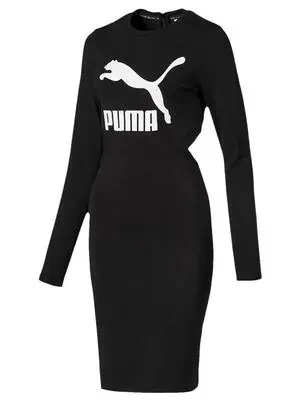 PUMA Logo-print Long-sleeve Midi Dress - Black