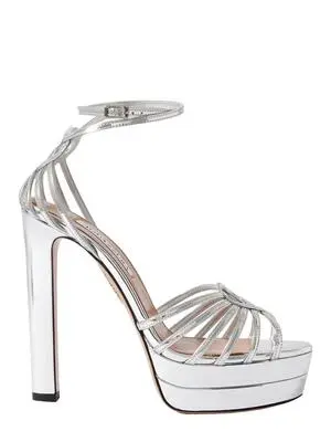 AQUAZZURA Sweetheart 130 Metallic Leather Platform Sandals - Silver