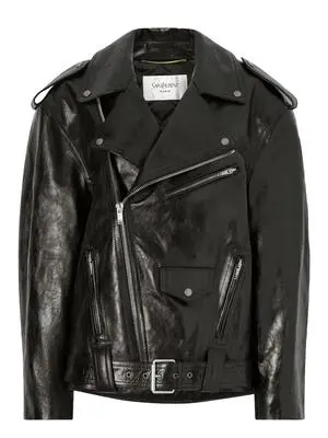 Saint Laurent Glossed Textured-leather Biker Jacket - Black