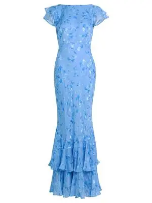 Rixo Ordinia Devoré Silk-Blend Maxi Dress Blue